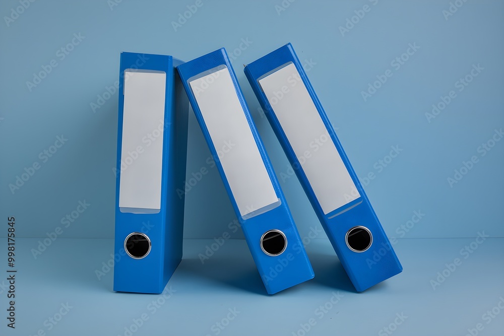 Three blue binders aligned on flat surface, light blue background ...