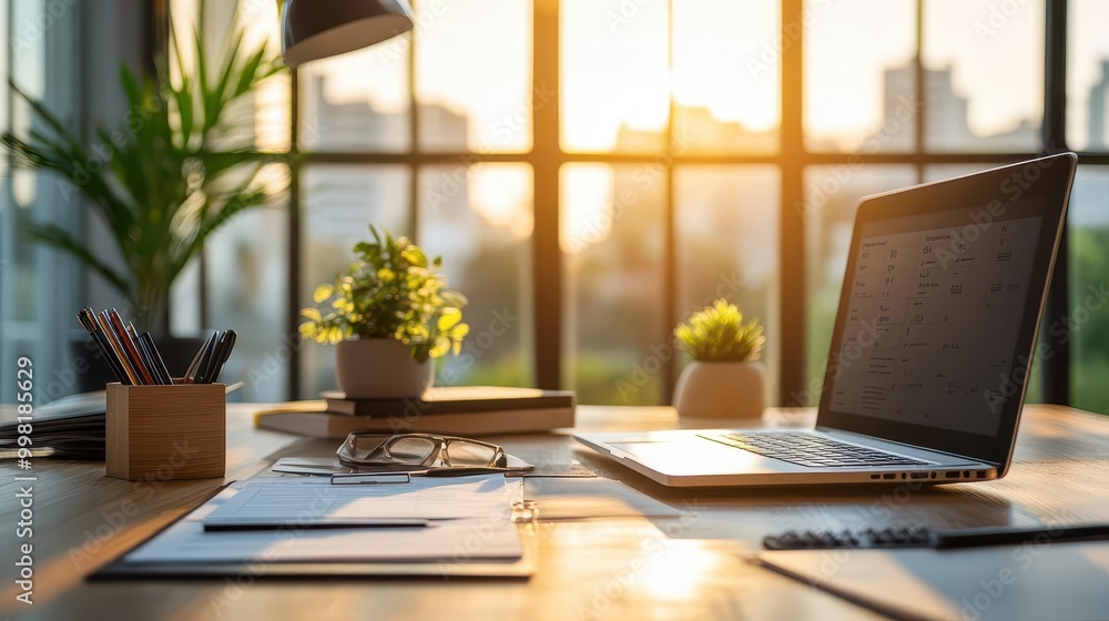 Productivity tools on a desk including a laptop, planner, and task lists, organized workspace ...