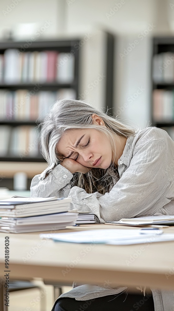 Woman resting her head on a stack of papers arms sprawled out on her ...