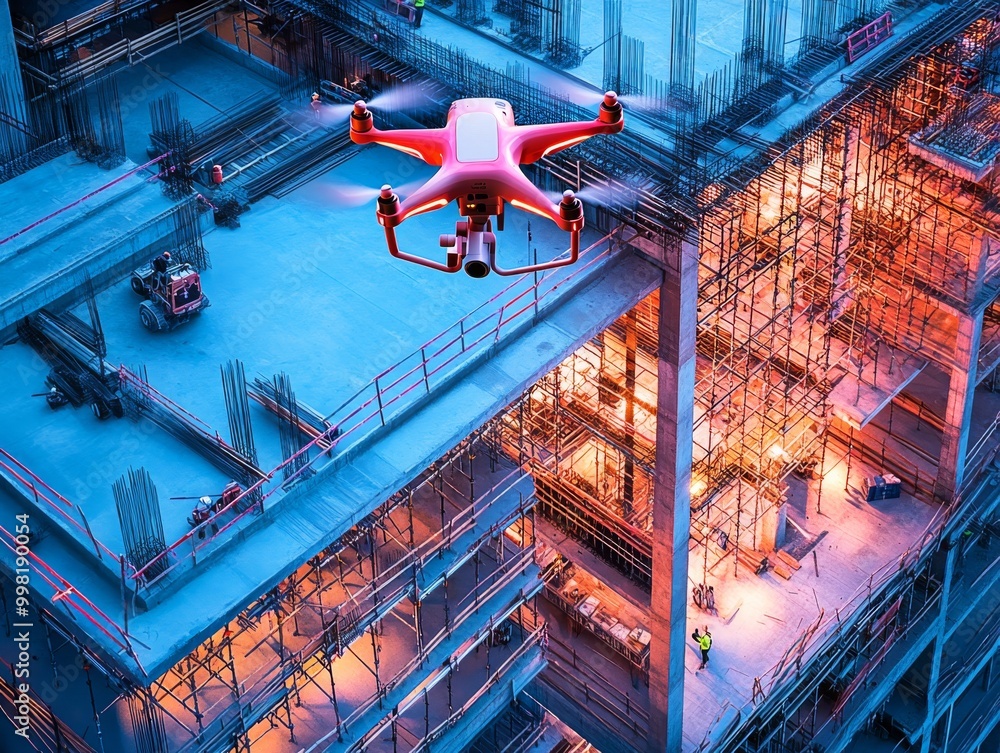 A drone hovers above engineers clad in high-tech gear as they work on ...