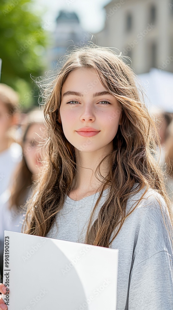 Activist leading a peaceful march holding a banner that represents a ...