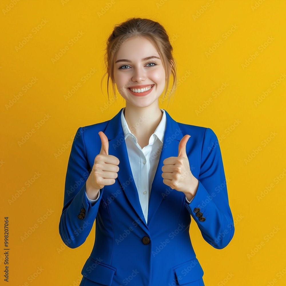 Photo of cheerful hr manager girl wear blue blazer double thumbs up ...
