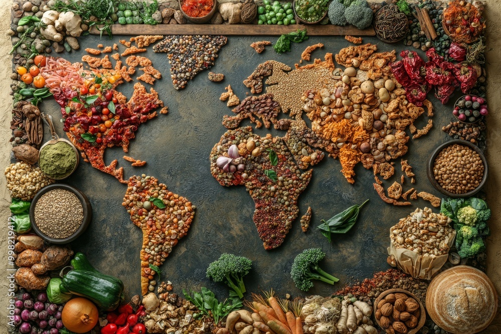 Diverse range of global cuisines. Top view of world map made of food ...