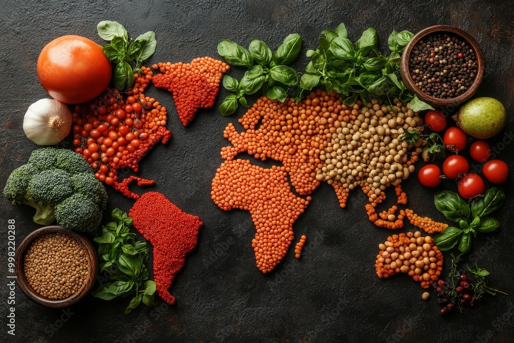 Diverse range of global cuisines. Top view of world map made of food ... Diverse range of global cuisines. Top view of world map made of food ...