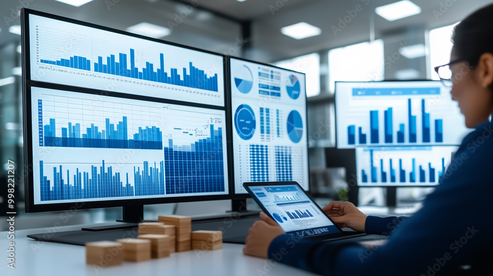 Data analysis, business insights. A professional analyzing complex data visualizations on ...