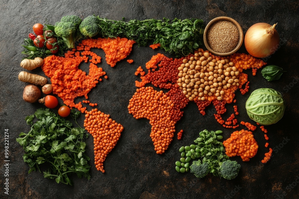Diverse range of global cuisines. Top view of world map made of food ...