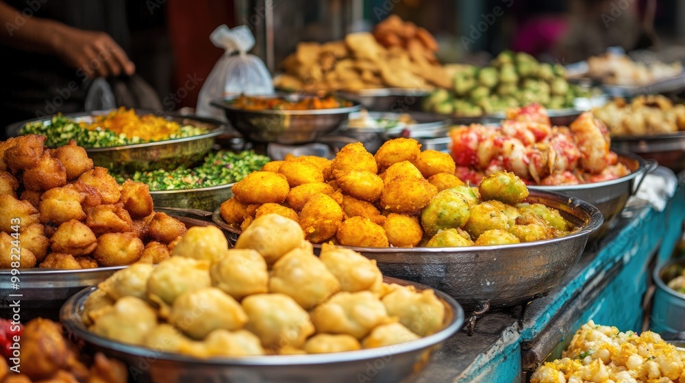 A colorful array of Indian street food, including samosas, pani puri ...