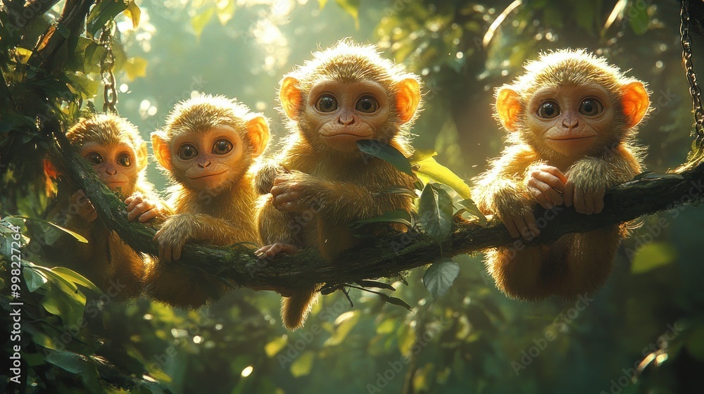 Four adorable baby monkeys sitting on a tree branch in a lush green ...