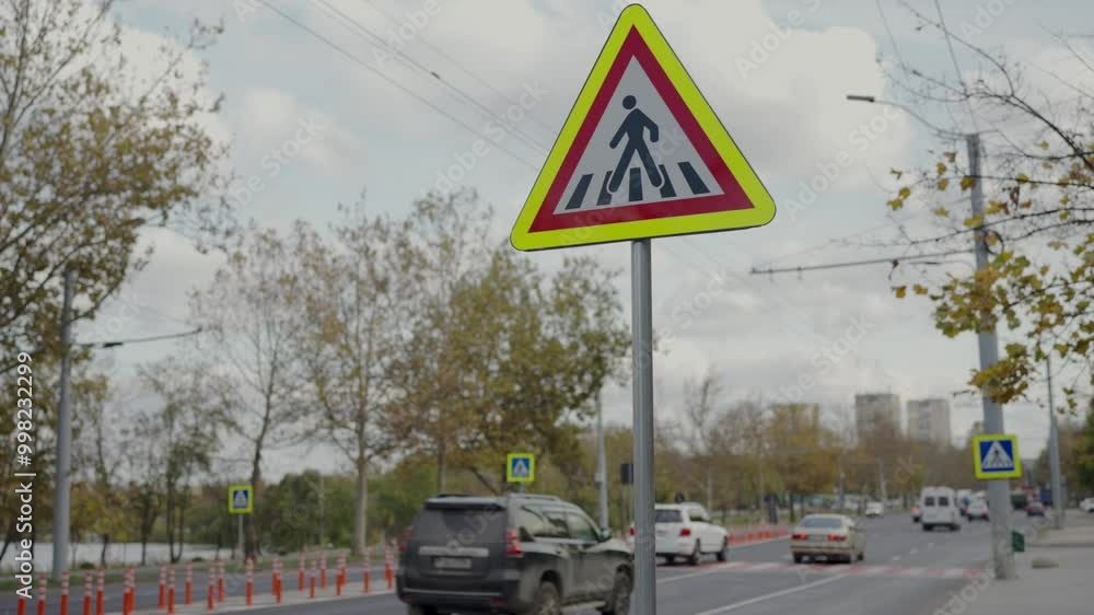 Bold pedestrian crossing sign against yellow and red background ...
