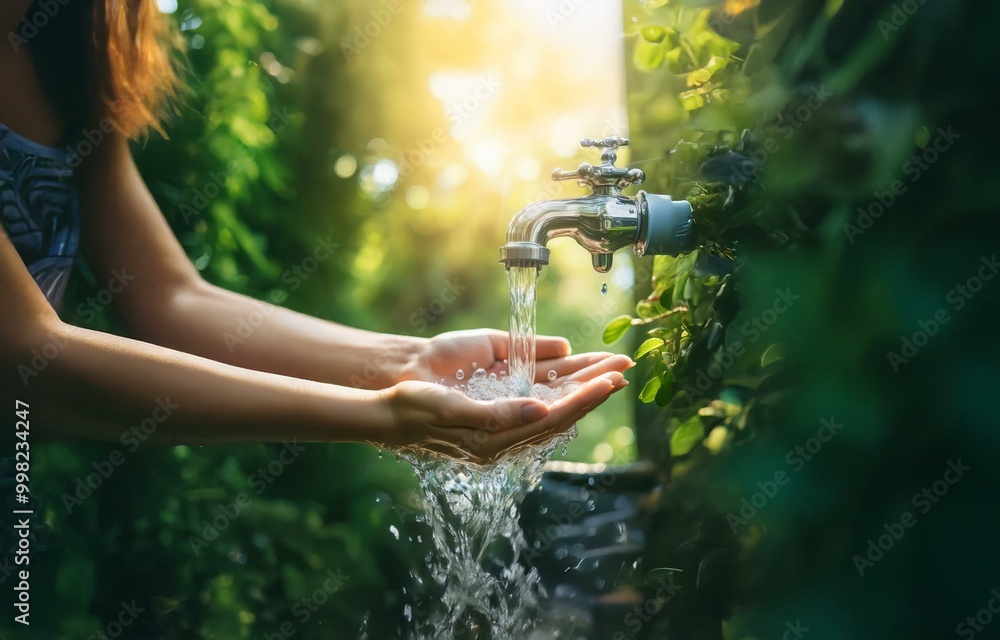 A person catches water in their cupped hands from a faucet in a natural ...