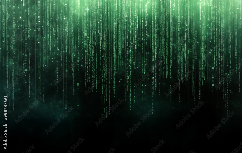Matrix style background. Green falling code on a dark abstract ...