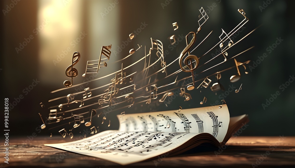 Melodic flight of musical notes soaring from a standing sheet of music ...