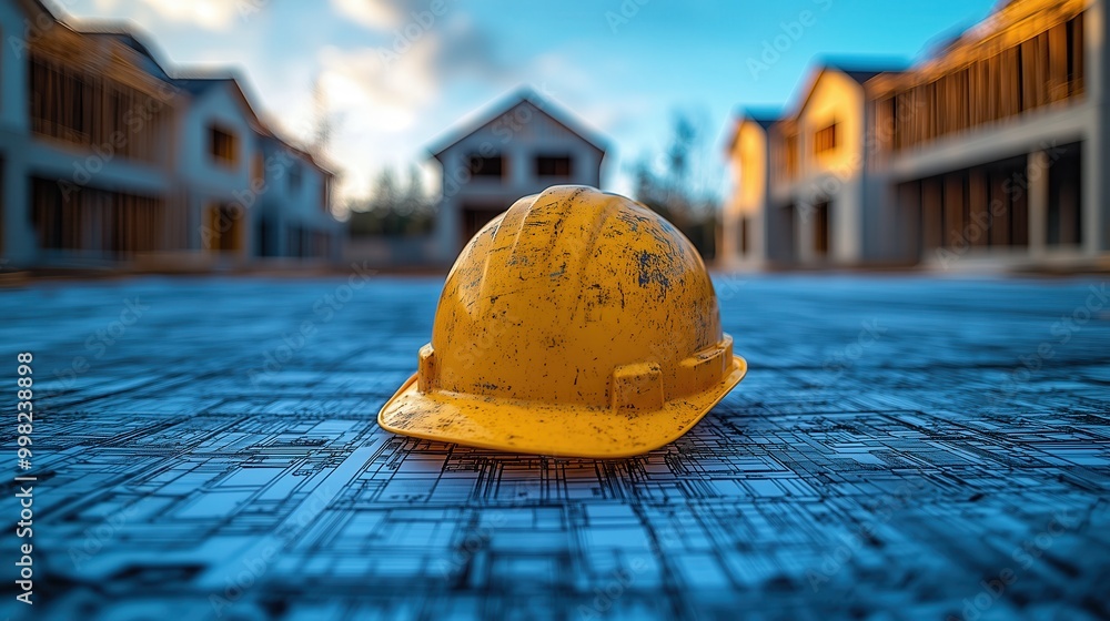 Yellow hard hat sits on top of architectural blueprints at a ...