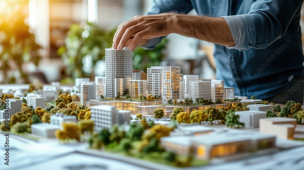 Architect designing residential district scale model. Close-up view of ...
