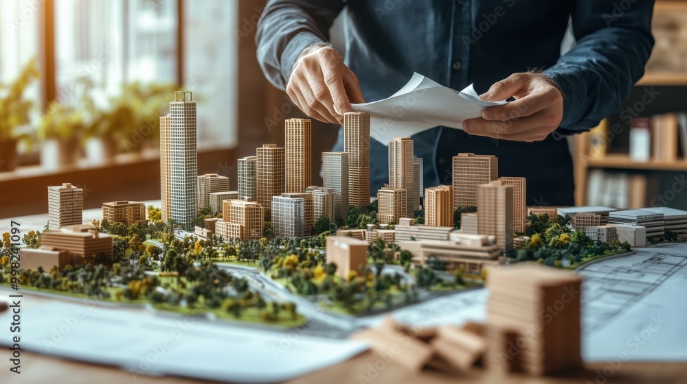 Architect presenting city model with skyscrapers. Architect examines ...
