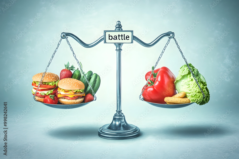 Healthy food vs junk food balance concept, comparing nutrition, weight ...