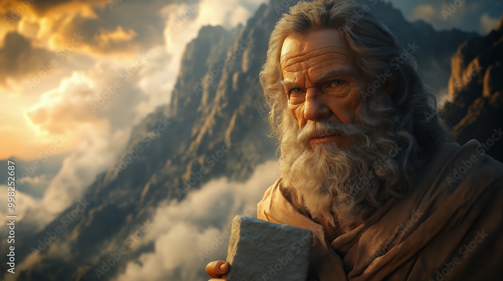 Moses Holding Stone Tablets on Mount Sinai, Surrounded by Clouds and ...