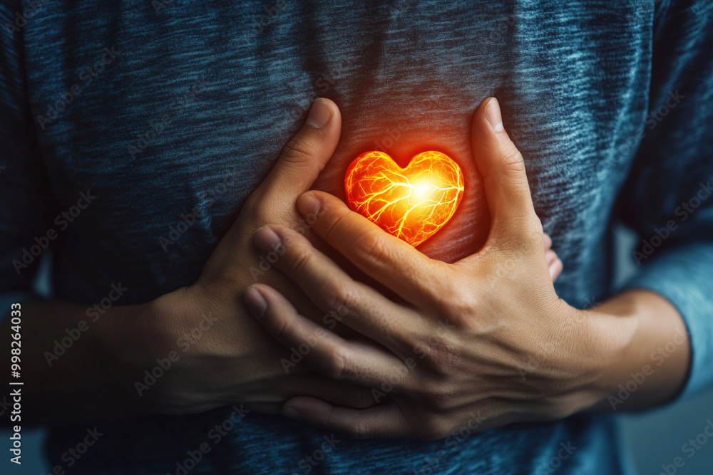 Detailed medical illustration showing a person clutching their chest in ...