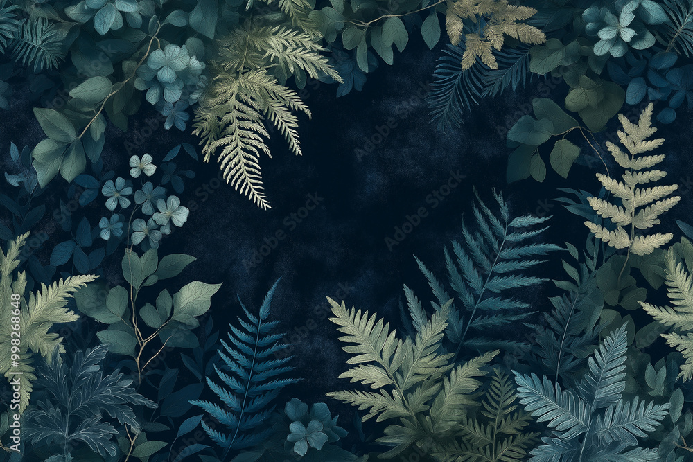 A seamless pattern of dark green and navy blue plants, ferns, mosses ...