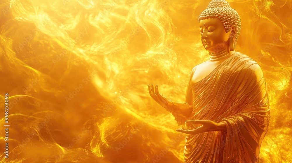 Majestic golden Lord Buddha standing amidst swirling golden rays, with ...