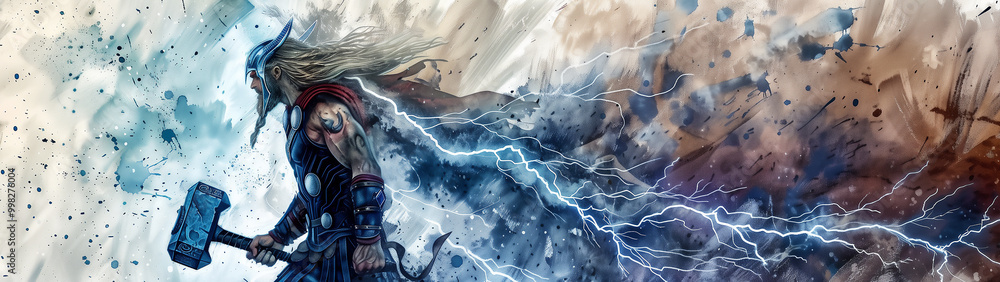 Watercolour painting of the Norse god Thor wielding a magical hammer ...