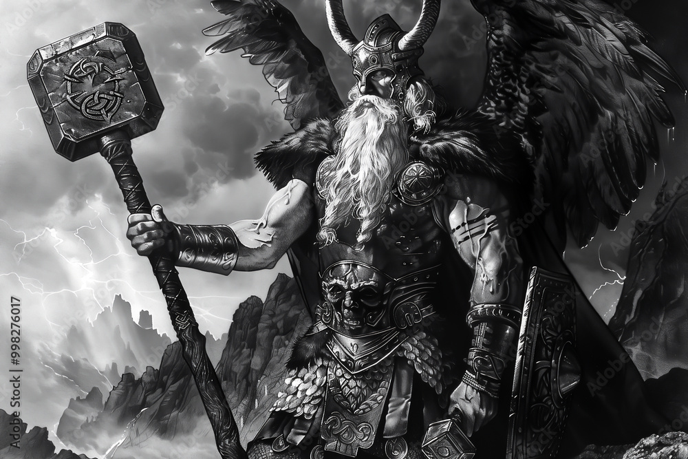 Engraving of the Norse god Thor wielding a magical hammer called ...