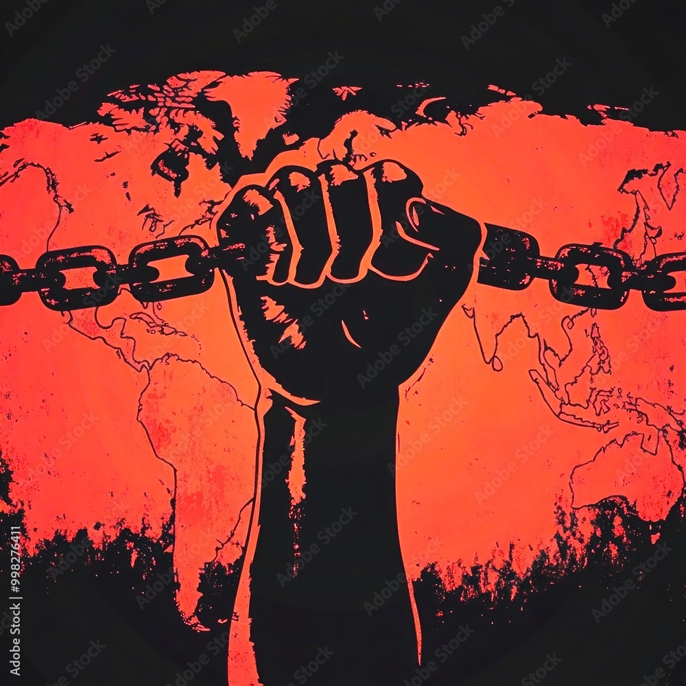 A powerful image depicting a raised fist holding a chain against a ...