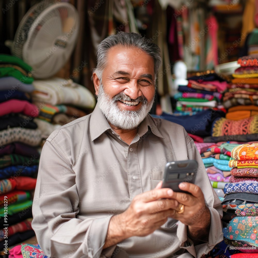indian male clothing shop owner smiling while holding smartphone Stock ...