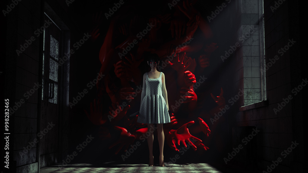 Teenage girl young woman, evil demon Halloween school corridor asylum ...
