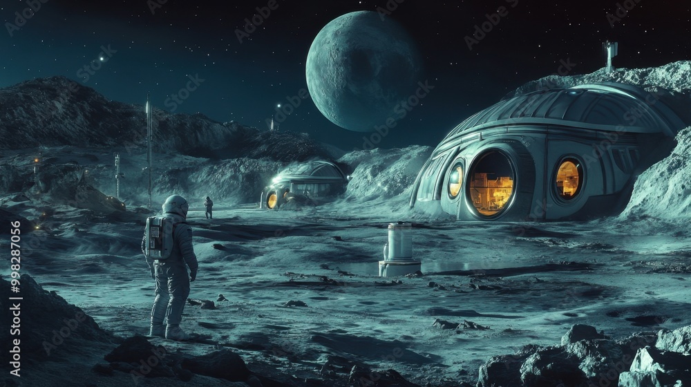 Sci-fi alien base on a lunar landscape, astronauts exploring the base ...