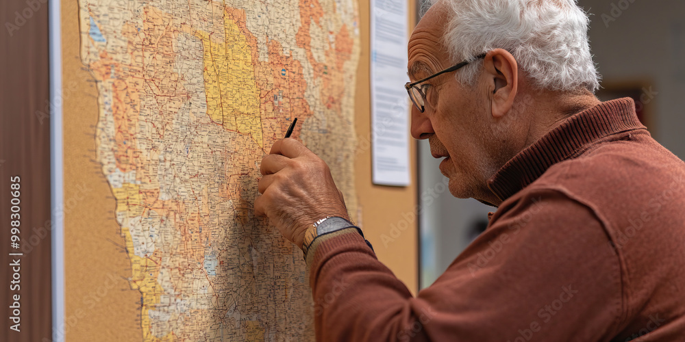 Keen Observer: An older man studying a map on a wall-mounted corkboard ...