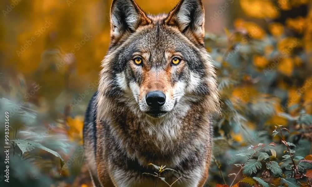 Majestic Gray Wolf Staring Intently Among Autumn Foliage. Stock Video ...