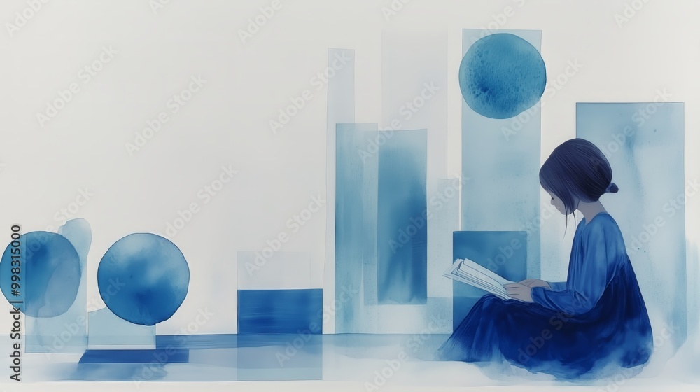 An artistic illustration featuring a child deeply absorbed in reading a ...