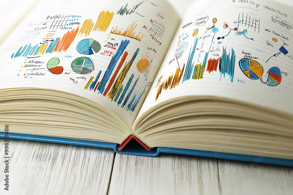An open notebook filled with colorful charts, graphs, and notes ...