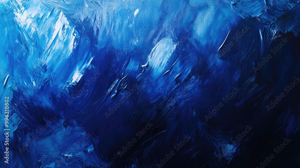 Surreal artwork featuring blue paint strokes on a canvas with a large ...