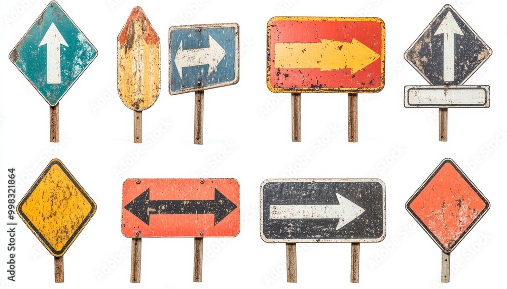 Road signs and directional arrows, urban navigation aids, guiding ...