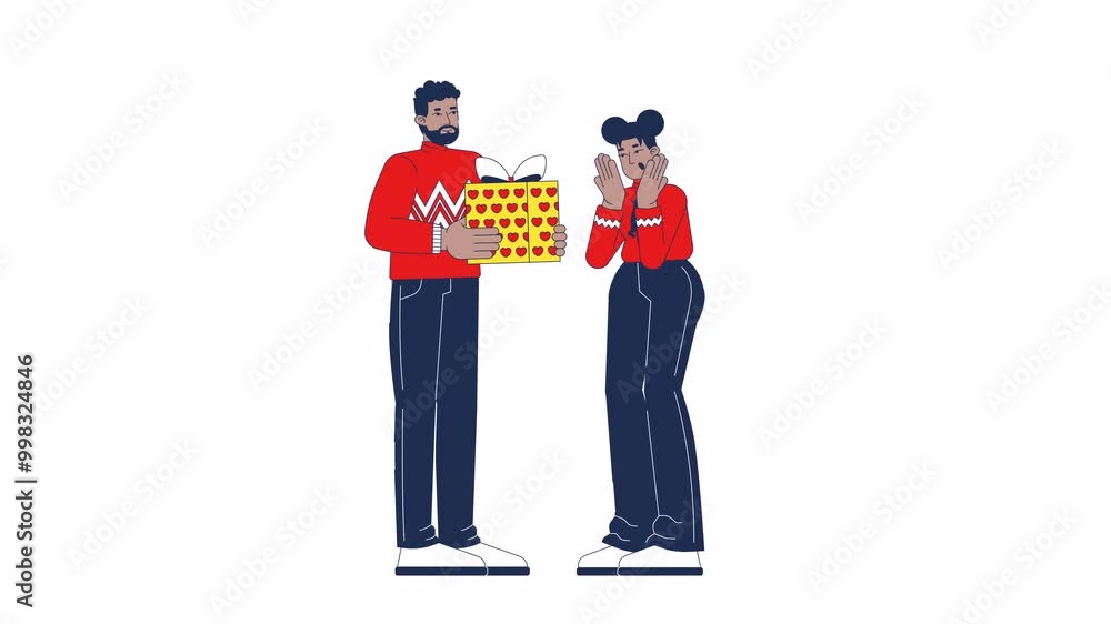 Matching sweaters couple giving gifts 2D characters animation ...