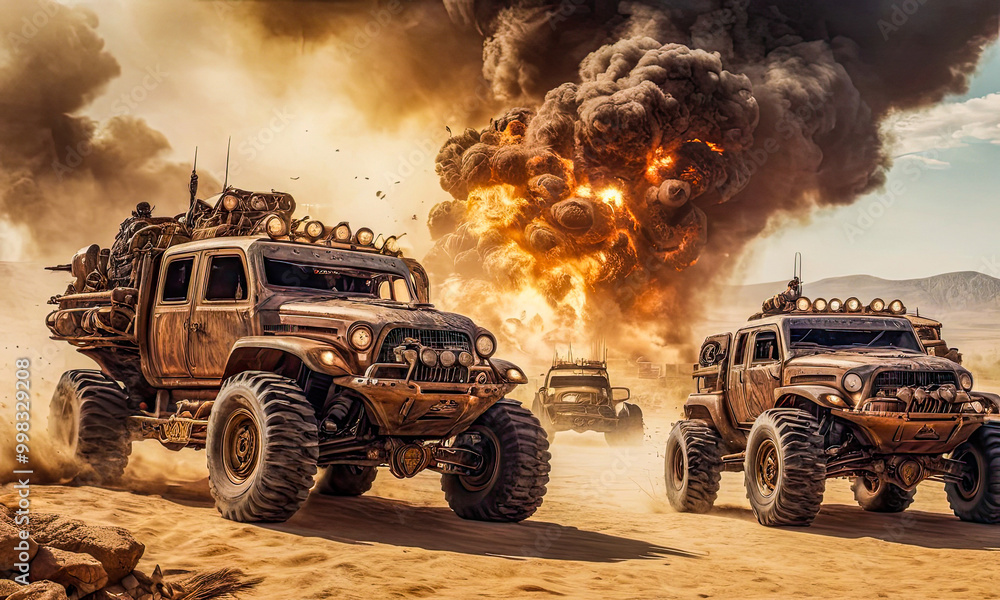 Dynamic desert speed race illustration showcasing cars with massive ...