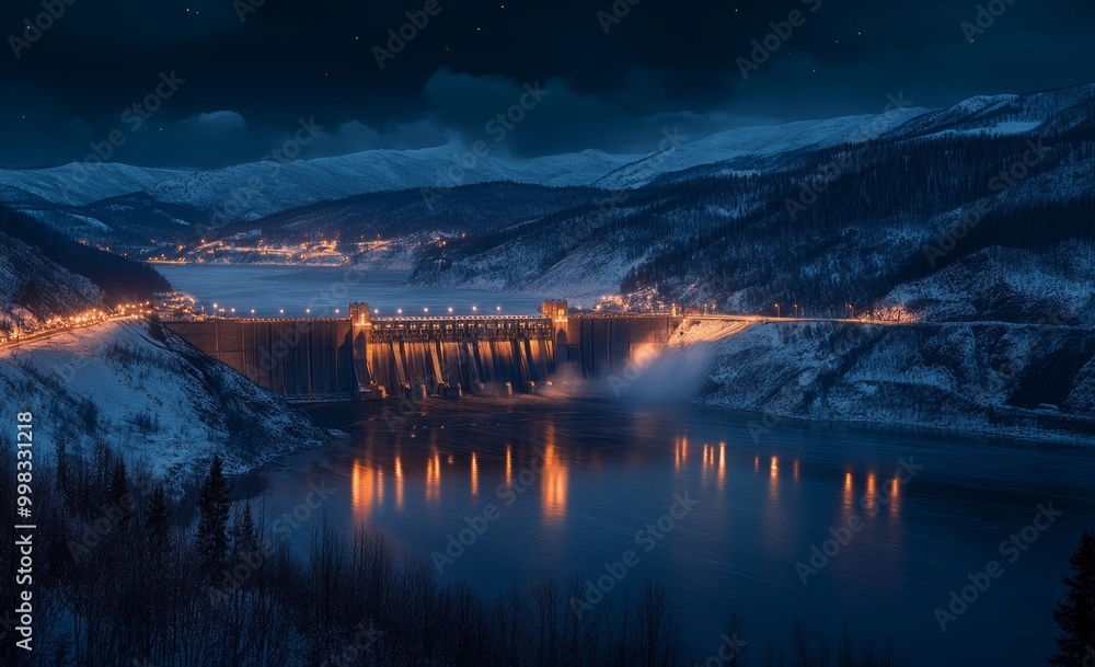 Aerial view of a stunning dam and its gates in full flow, where ...
