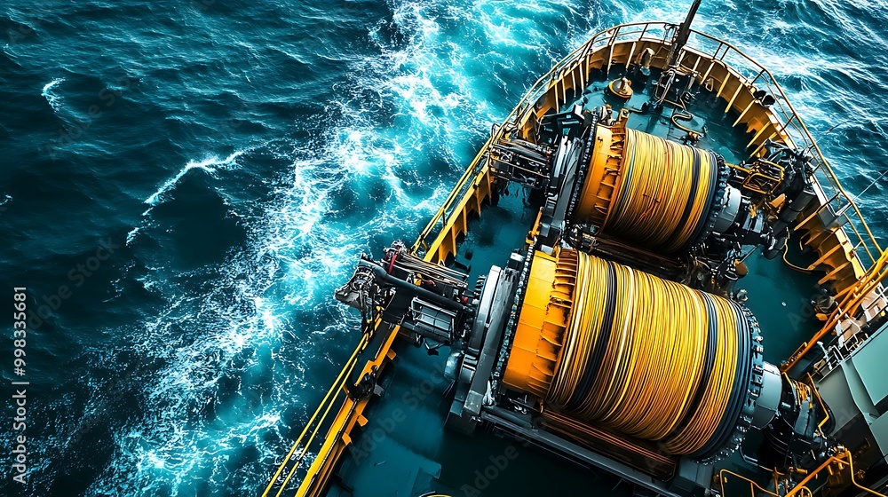 A ship equipped with massive spooling equipment on deck, laying fiber ...
