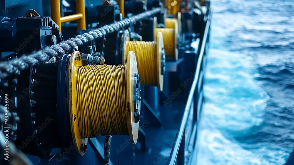 A ship equipped with massive spooling equipment on deck, laying fiber ...