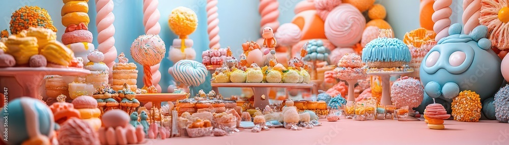 Eye-level view, fantastical culinary displays, food as art, imaginative ...