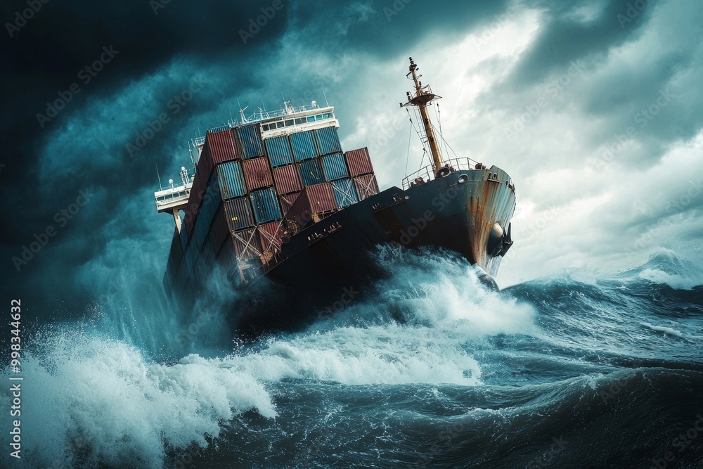 Cargo Ship Battling Towering Waves in a Violent Storm, Showcasing the ...