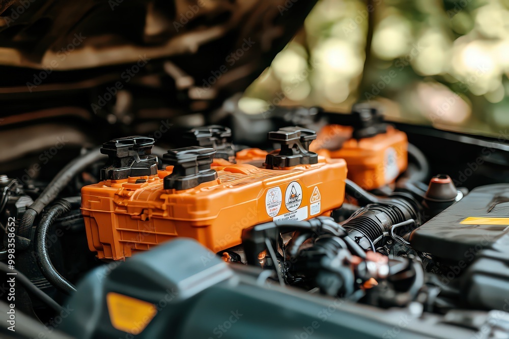 Open car hood showing orange engine components, illustrating advanced ...