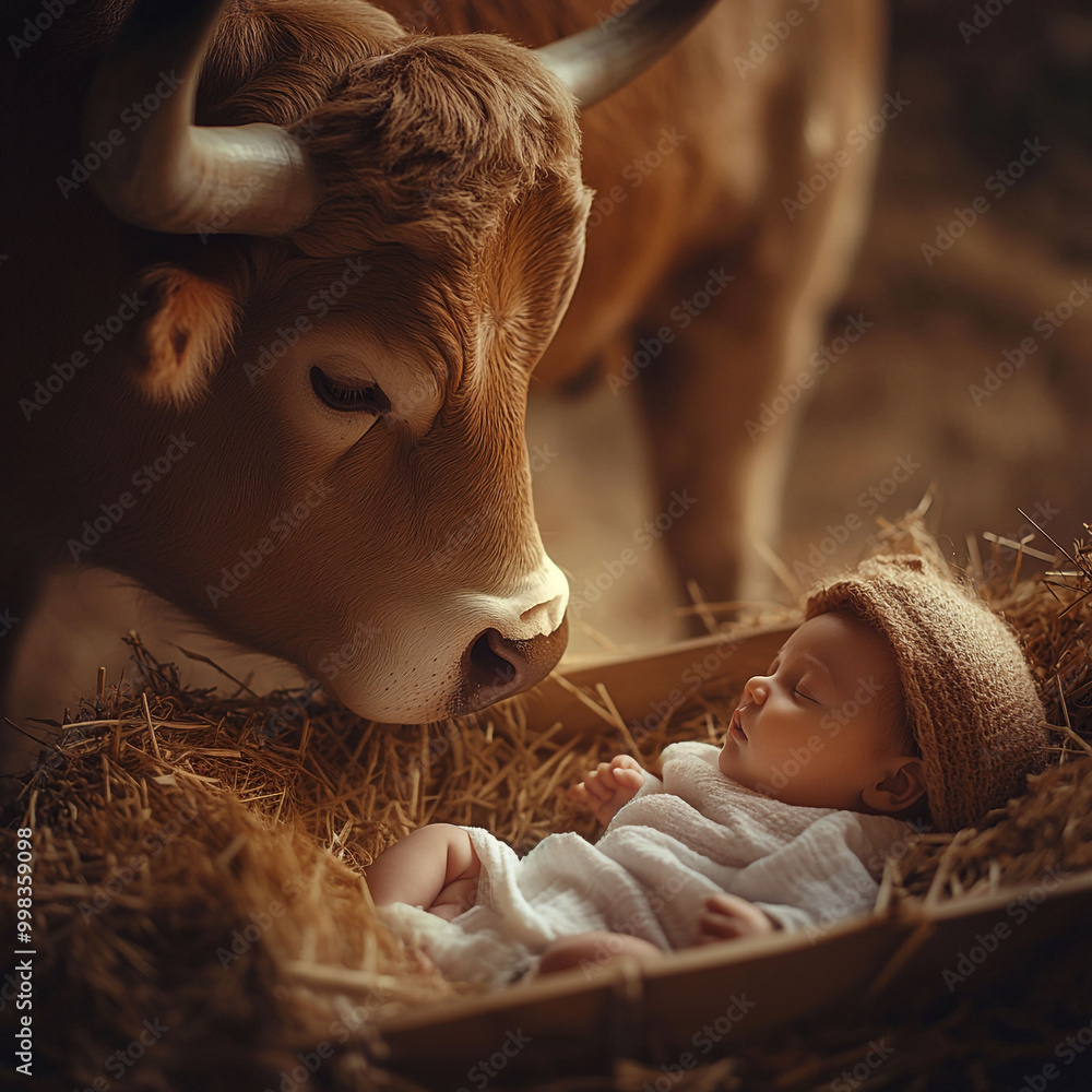 Nativity scene: newborn baby Jesus in a manger on hay, ox. Bethlehem ...