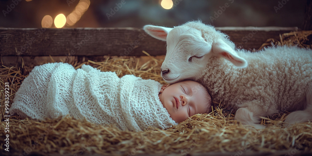 Nativity scene: newborn baby Jesus in a manger on hay and a lamb ...