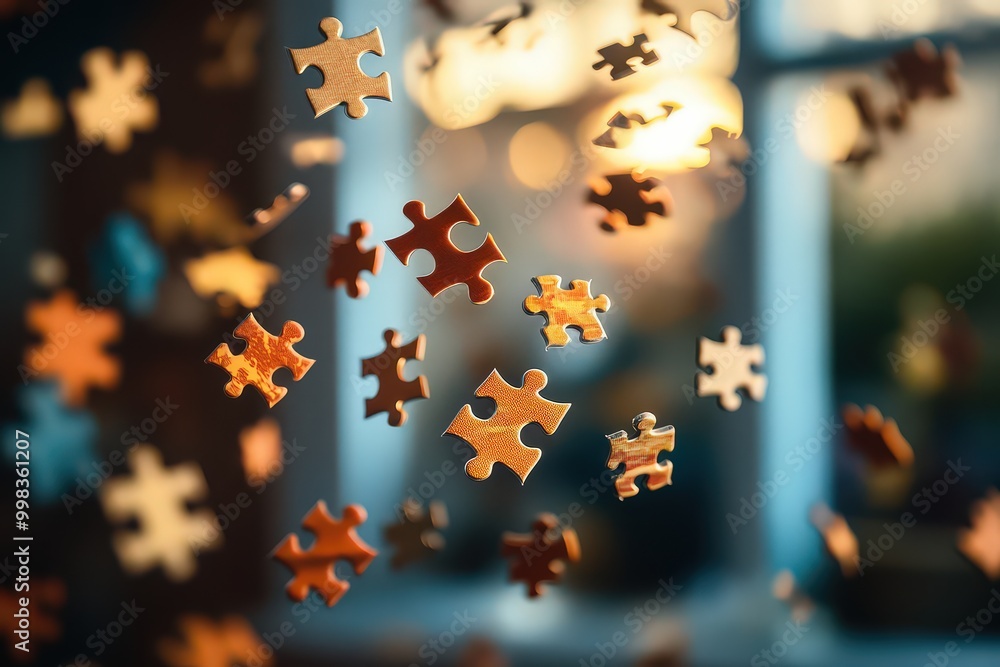 Floating puzzle pieces in mid-air, captured in motion, creating a ...