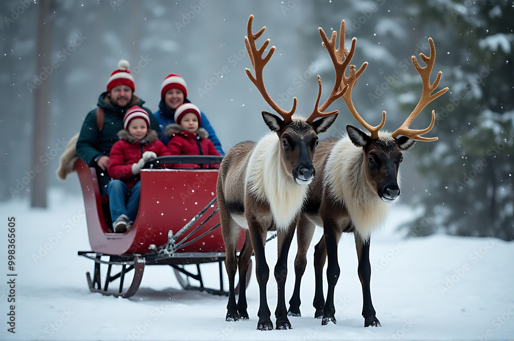 Sleigh ride through snowy woods, reindeers pulling sleigh, joyful faces ...