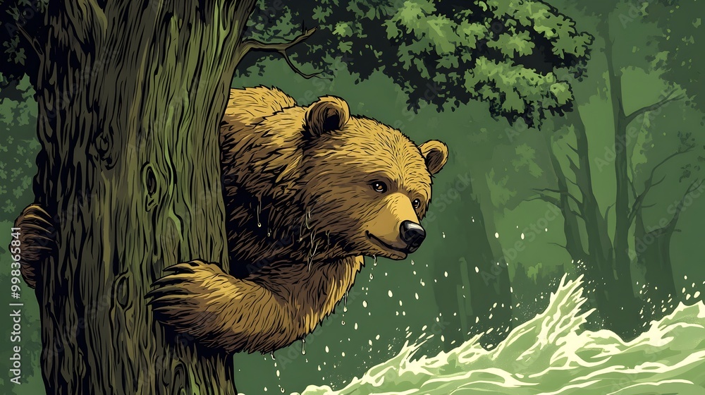 Anime-Style Bear Climbing Tree to Escape Flash Flood in Lush Forest ...