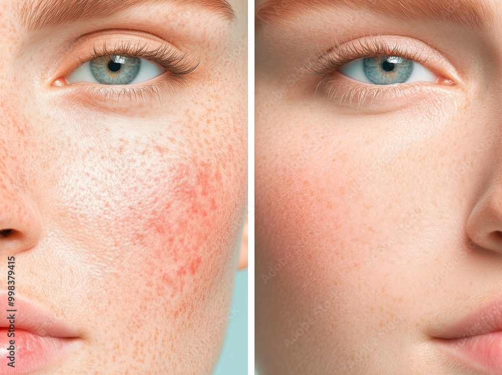Young woman face before and after acne treatment on face on light ...